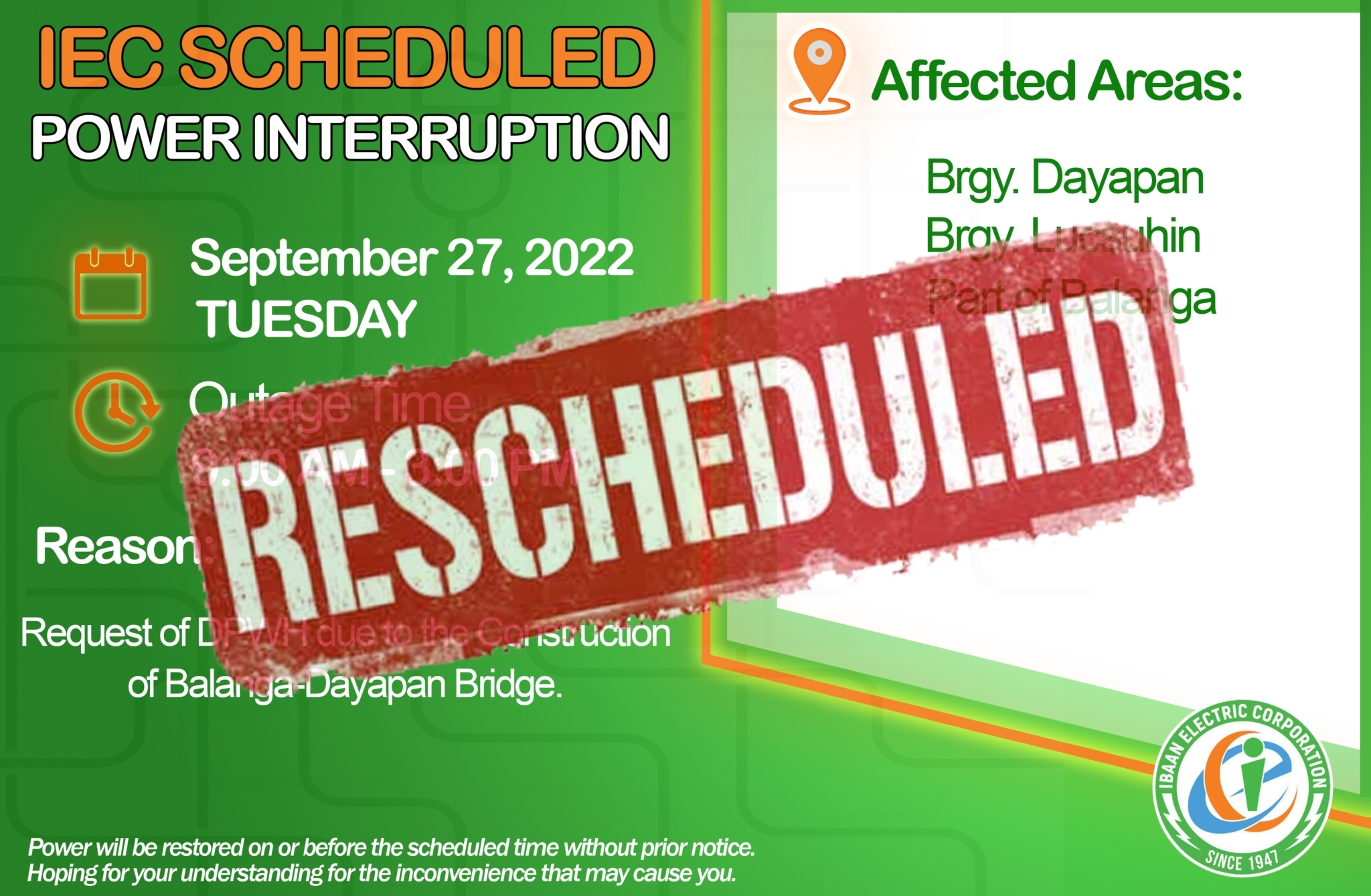 IEC Scheduled Power Interruption – Ibaan Electric Corporation